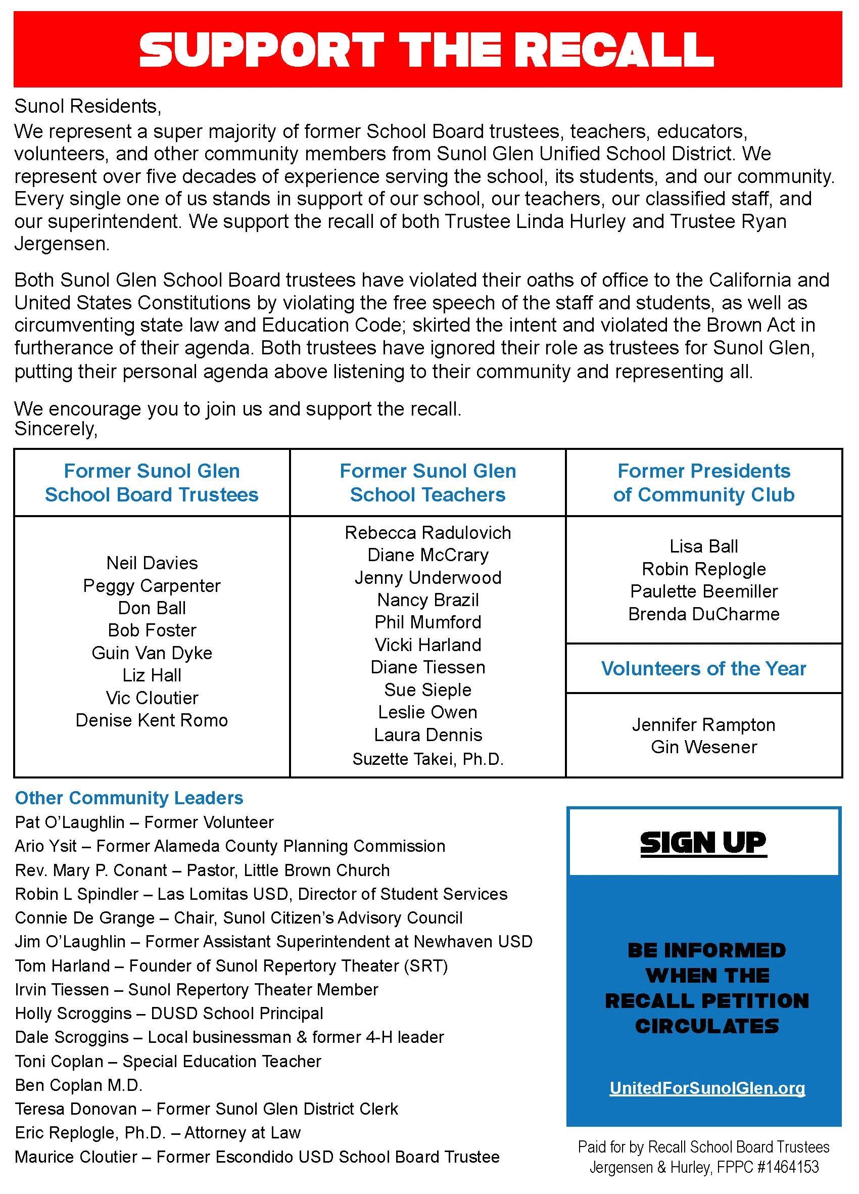 Former Trustees, Teachers, Educators, and Volunteers for Recall