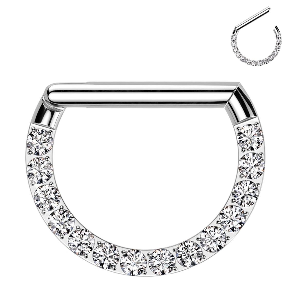 16G Titanium Hinged Hoop D-Ring w/ Forward Facing CZ Gems