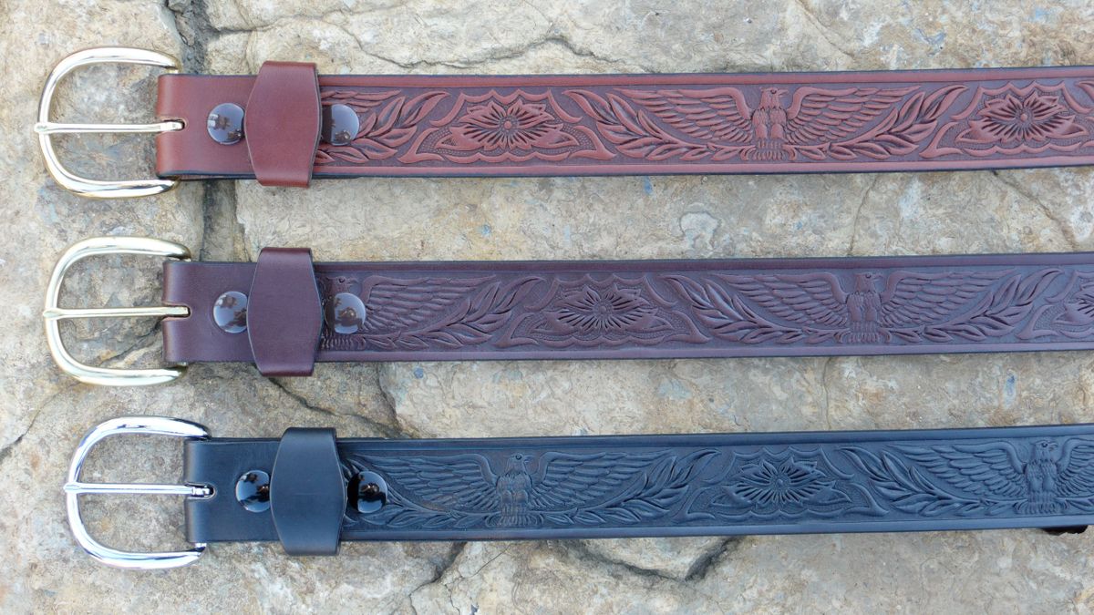 Black, Dark Brown, Medium Brown, 1 1/2" Wide Embossed Leather Belt