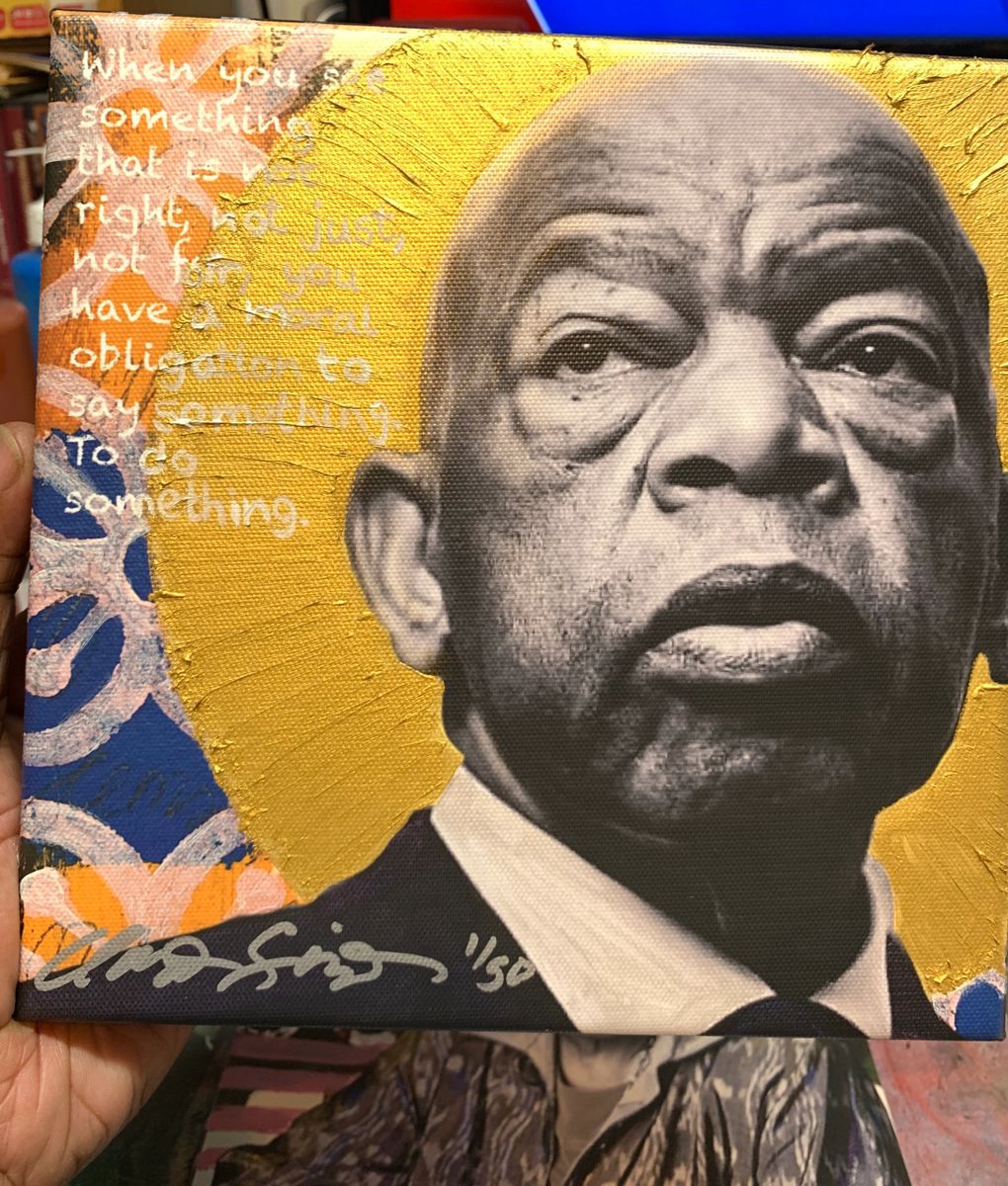 AFRO BLUE ICONS: John Lewis, signed hand embellished giclee on canvas ...
