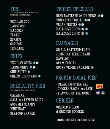 Fish & Chips, Menu - The Proper Fish & Chips Co. - Exmouth, England