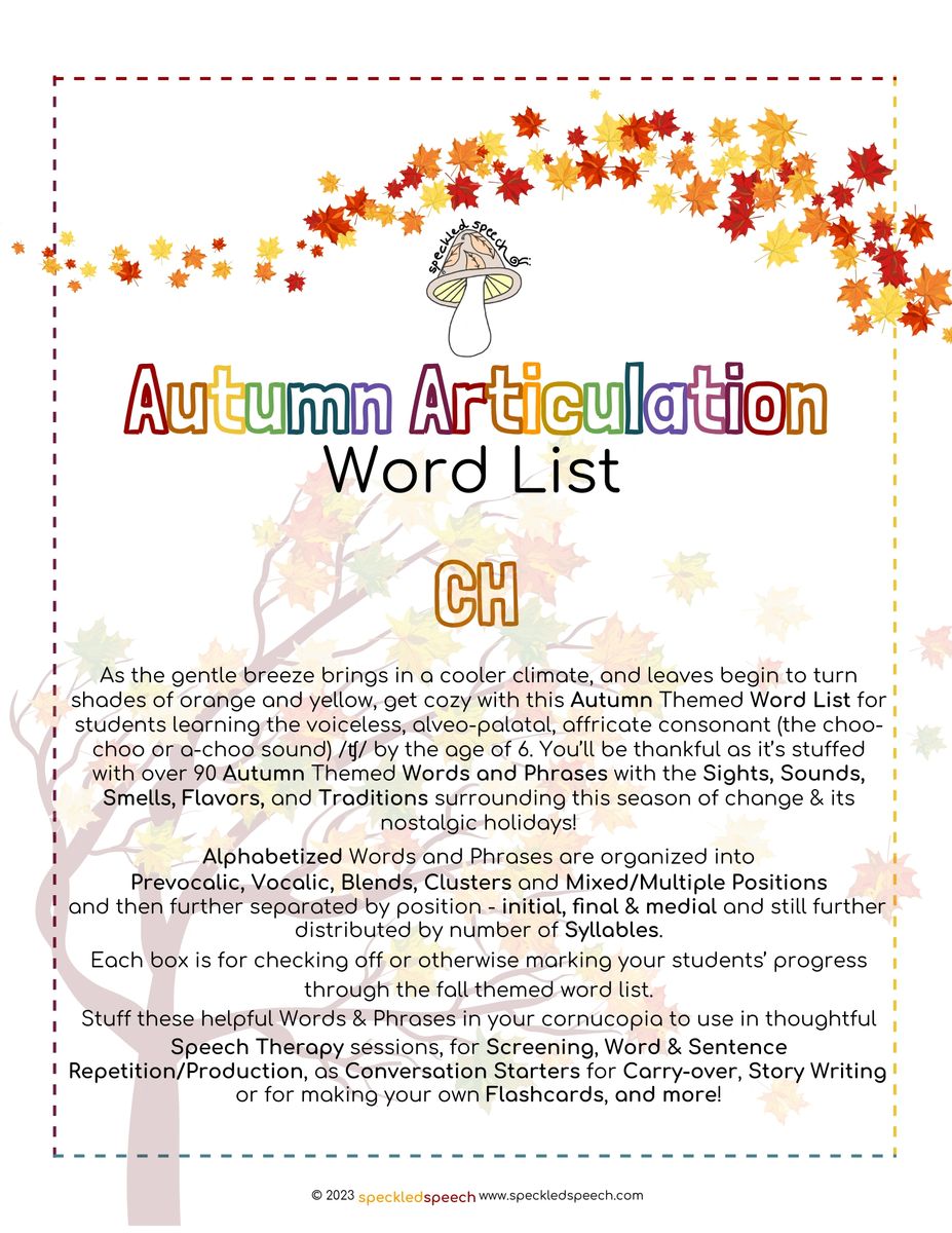 AUTUMN Articulation WORD LIST - CH - Speckled Speech Therapy Materials