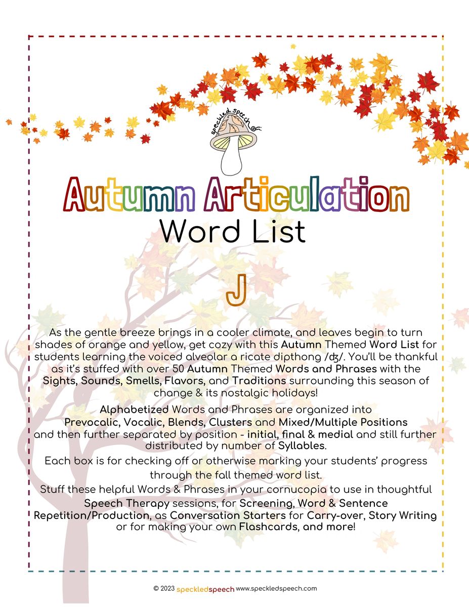 AUTUMN Articulation WORD LIST - DZ - Speckled Speech Therapy Materials
