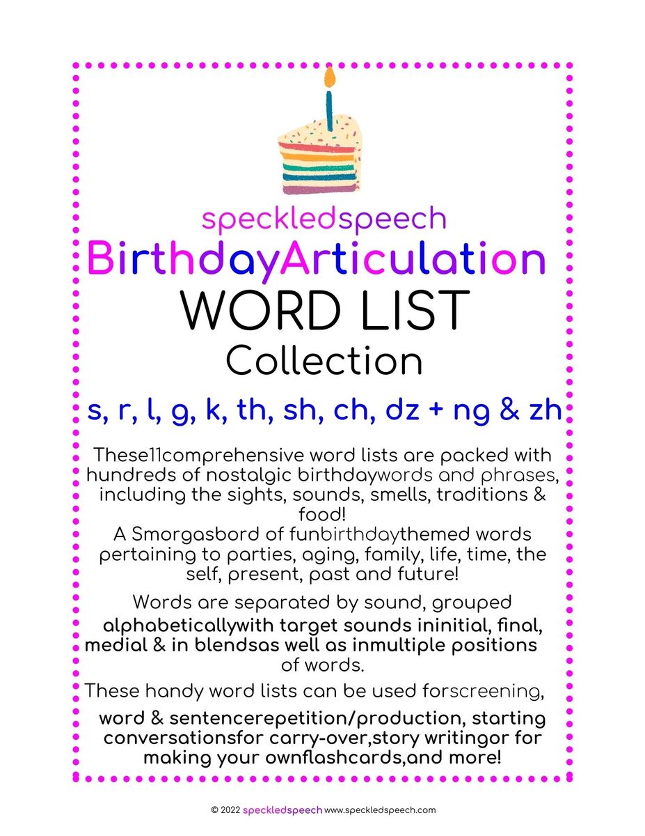 Speckled Speech Therapy BIRTHDAY WORD LIST Articulation Collection ...