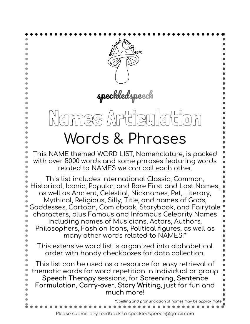 NAME Themed Word List - Speckled Speech Therapy