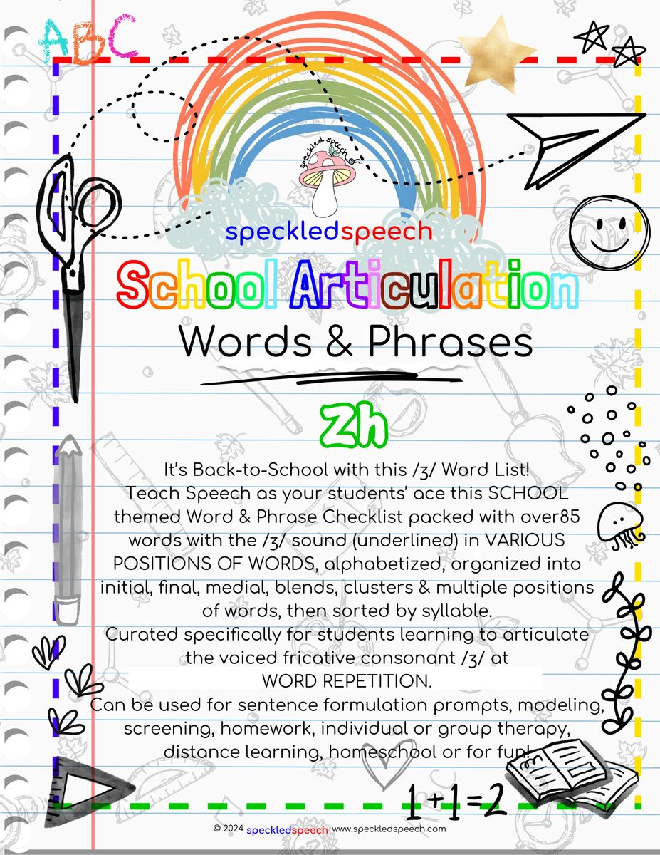 School - Zh - Word Checklist for Speech Therapy
