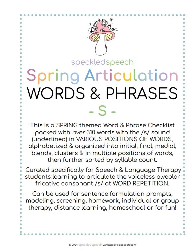 Speckled Speech Therapy SPRING Articulation S Word and Phrase Checklist