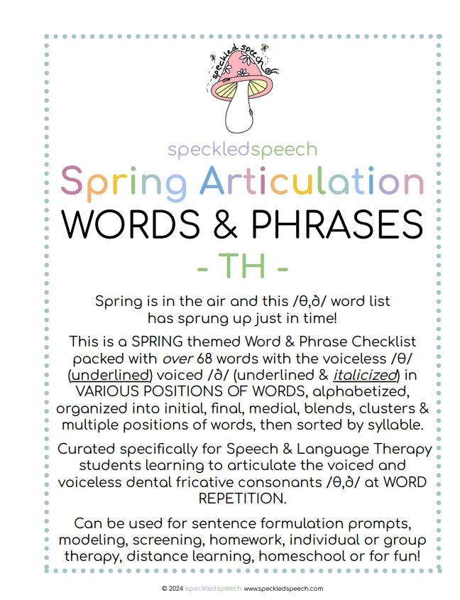 TH SPRING Word List / Checklist for Articulation Practice