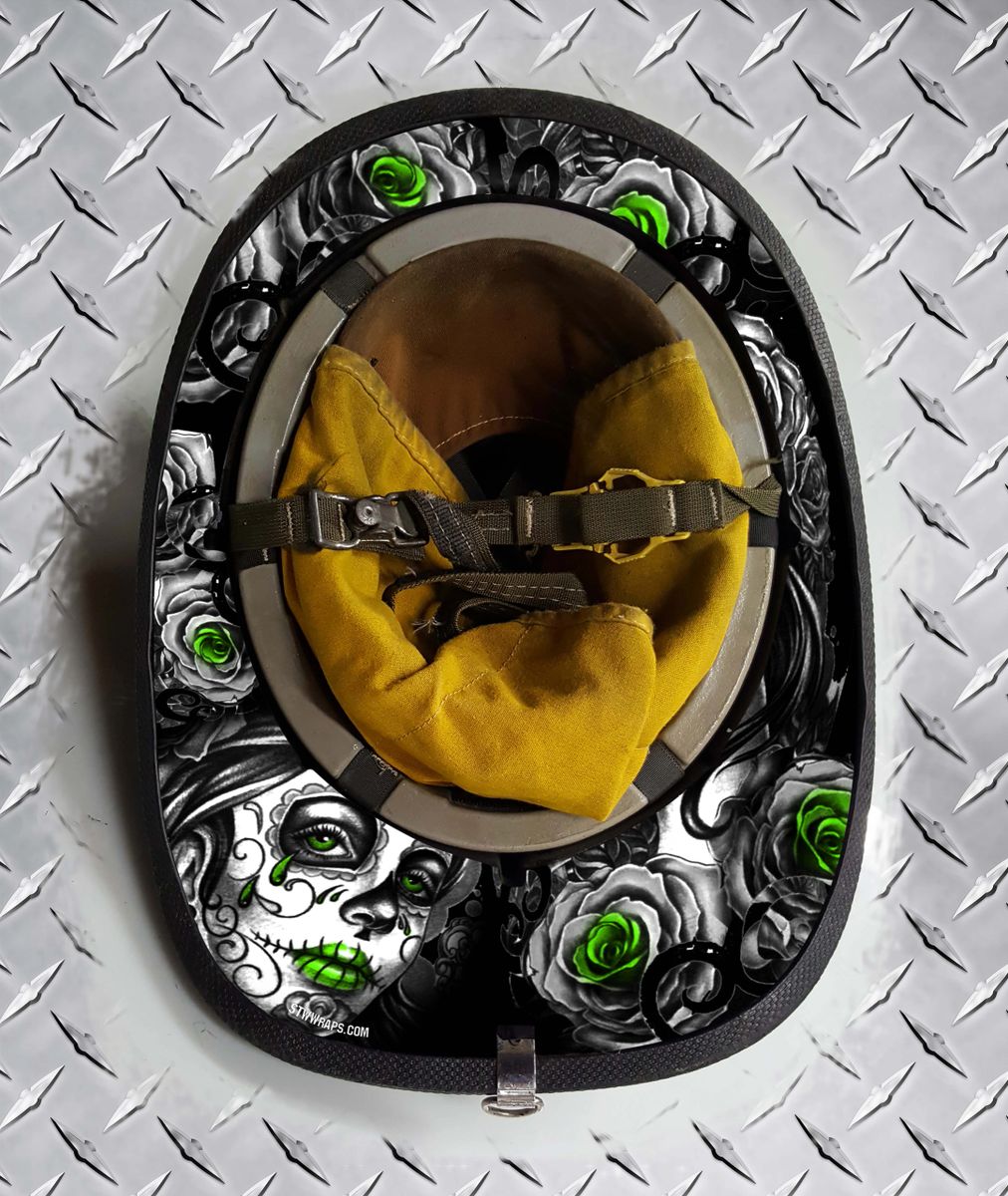 Dark Portrait Green Rose Sugar Skull Fire Helmet Wrap Brim Trim Decal ...