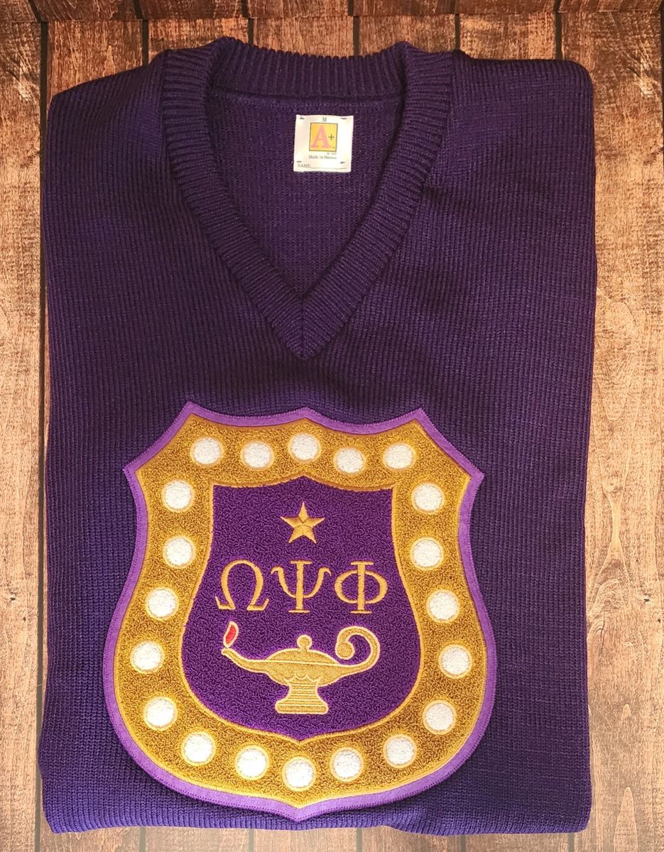 OPP Chenille V-Neck Purple Shield Sweater