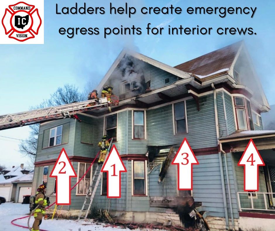 Ladders help create emergency egress points for interior crews.