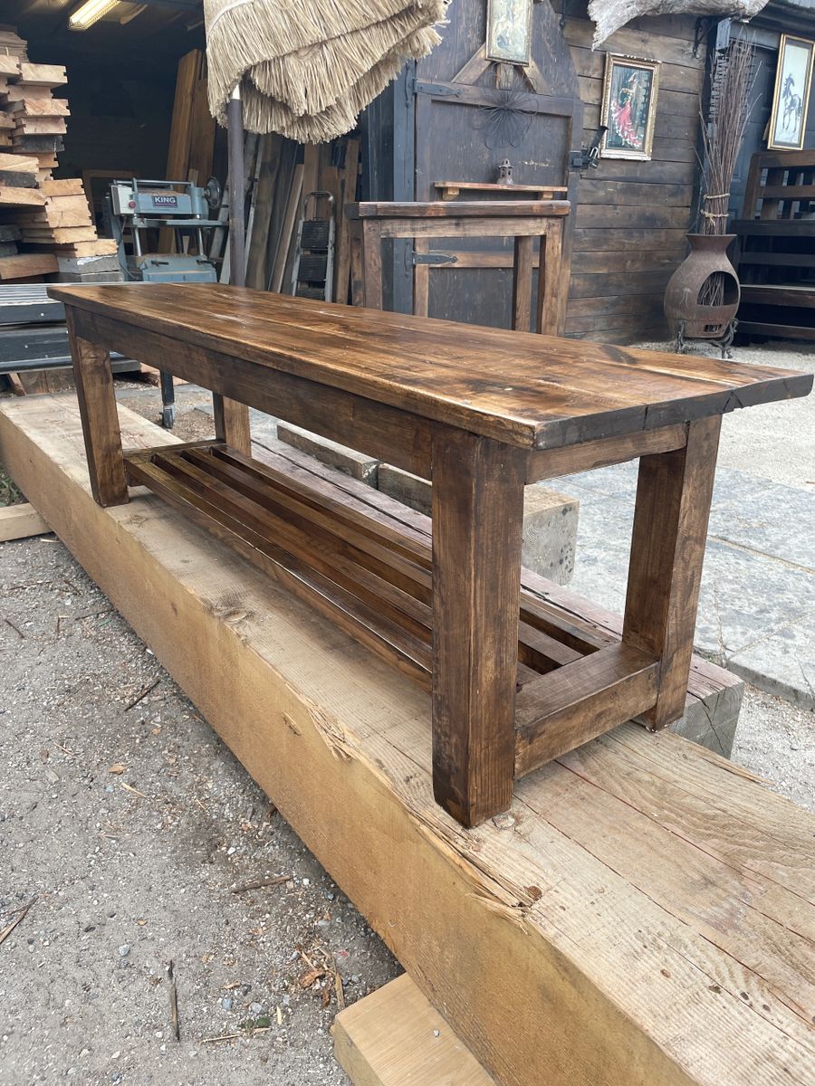 5 ft H frame solid Hardwood bench with a slotted second shelf