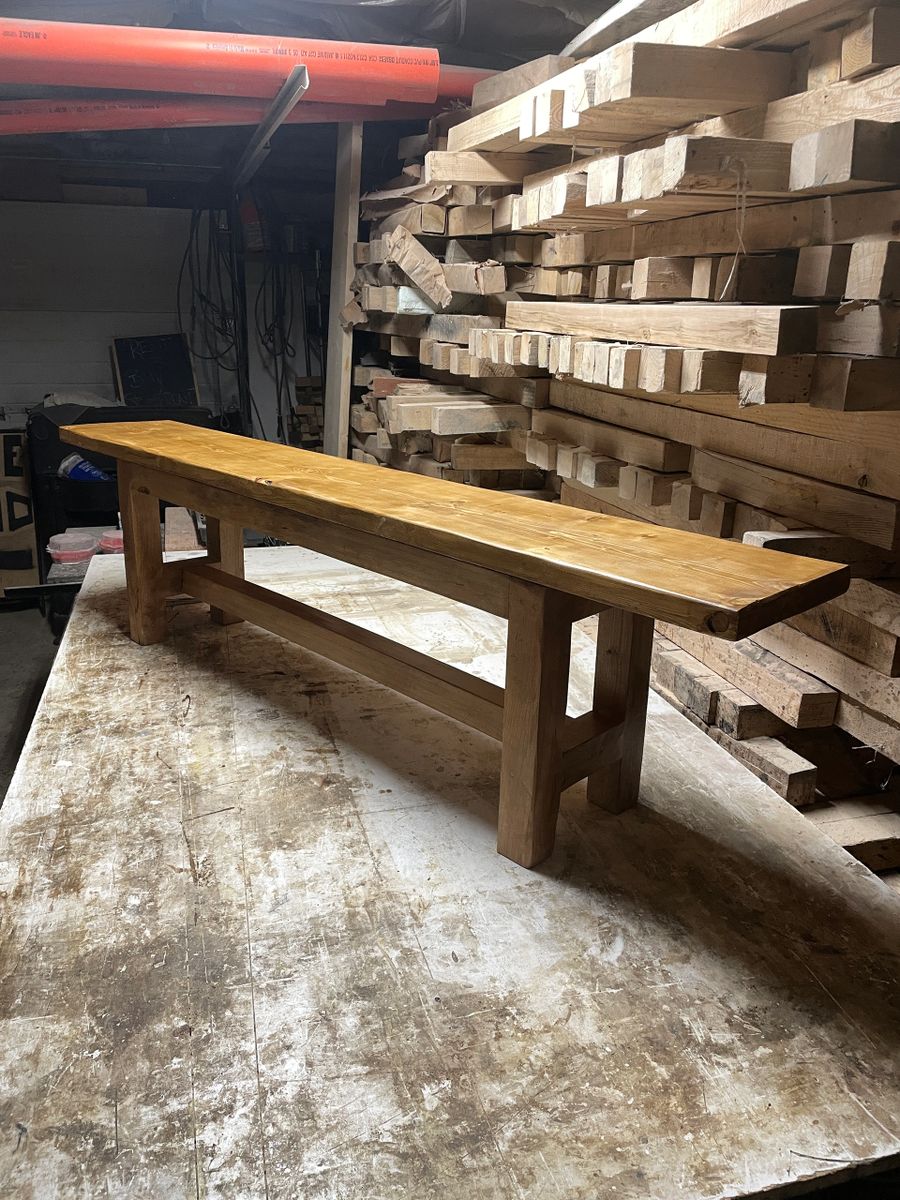 Hframe Harvest bench 5 ft long 11 inches deep with an Overhang on the ends