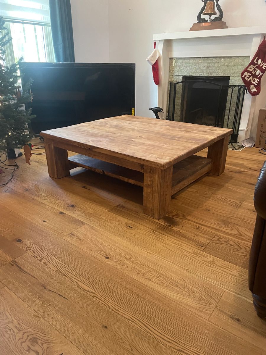 Barn beam coffee table with a second shelf 4 ft square