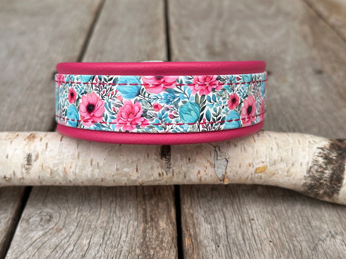 Pink and Blue Flowers Printed Biothane Fusion Collar - Adjustable