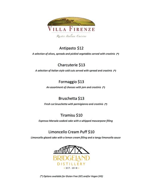 Menus | Bridgeland Distillery