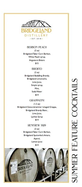 Menus | Bridgeland Distillery