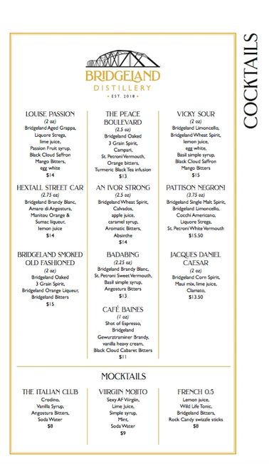 Menus | Bridgeland Distillery