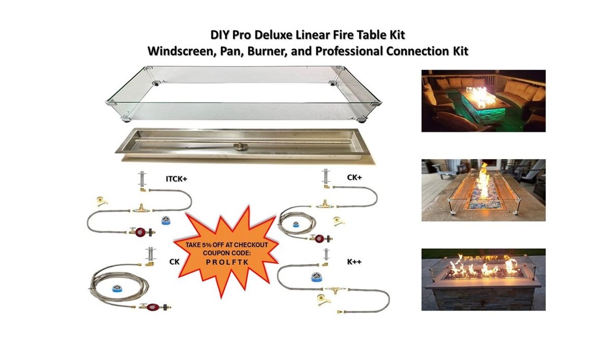 DIY Pro Deluxe Linear Fire Table Kit w/ Windscreen, Pan, Burner, and ...