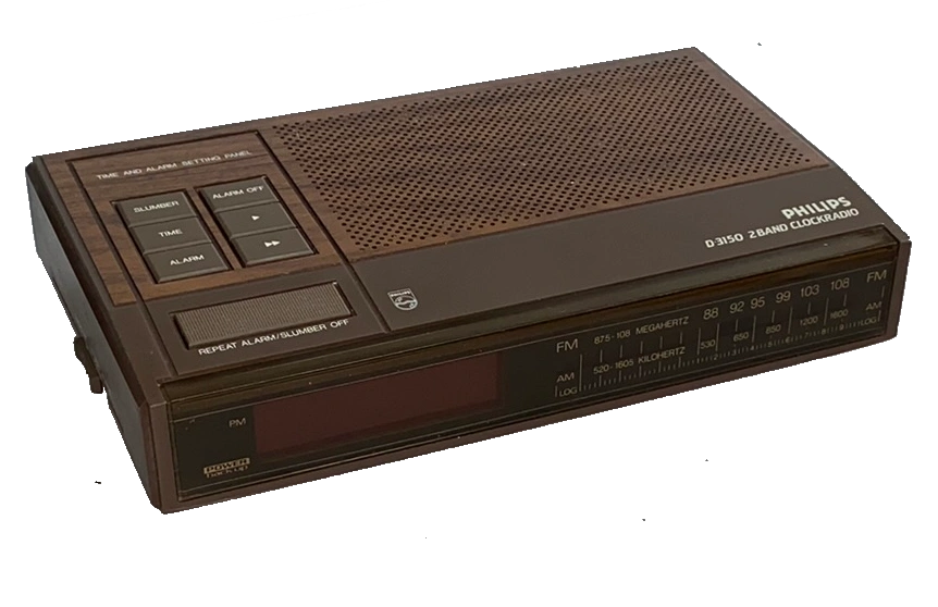 Philips D3150 Woodgrain clock radio AM/FM Red LED w battery backup 1983