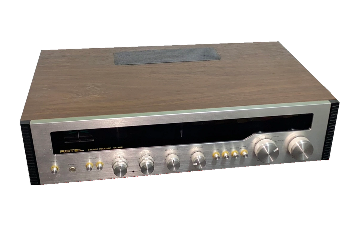 Rotel RX-402 2 x 25W >8Ω Silver Face Blackout Dial Woodgrain 1975 (also ...