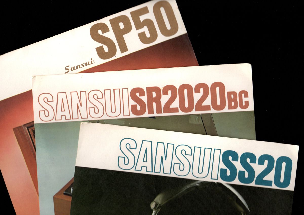 3 original SANSUI brochures, SP50 speakers, SS20 headphones, SR2020 ...