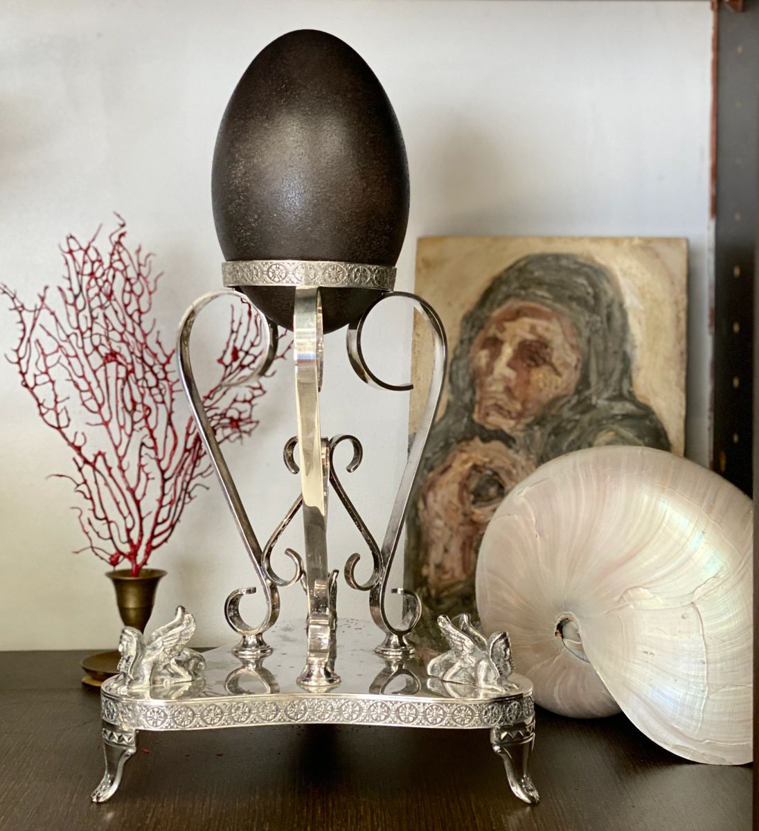 19th Century Victorian Silver Plate Sphinx Centrepiece With Emu Egg