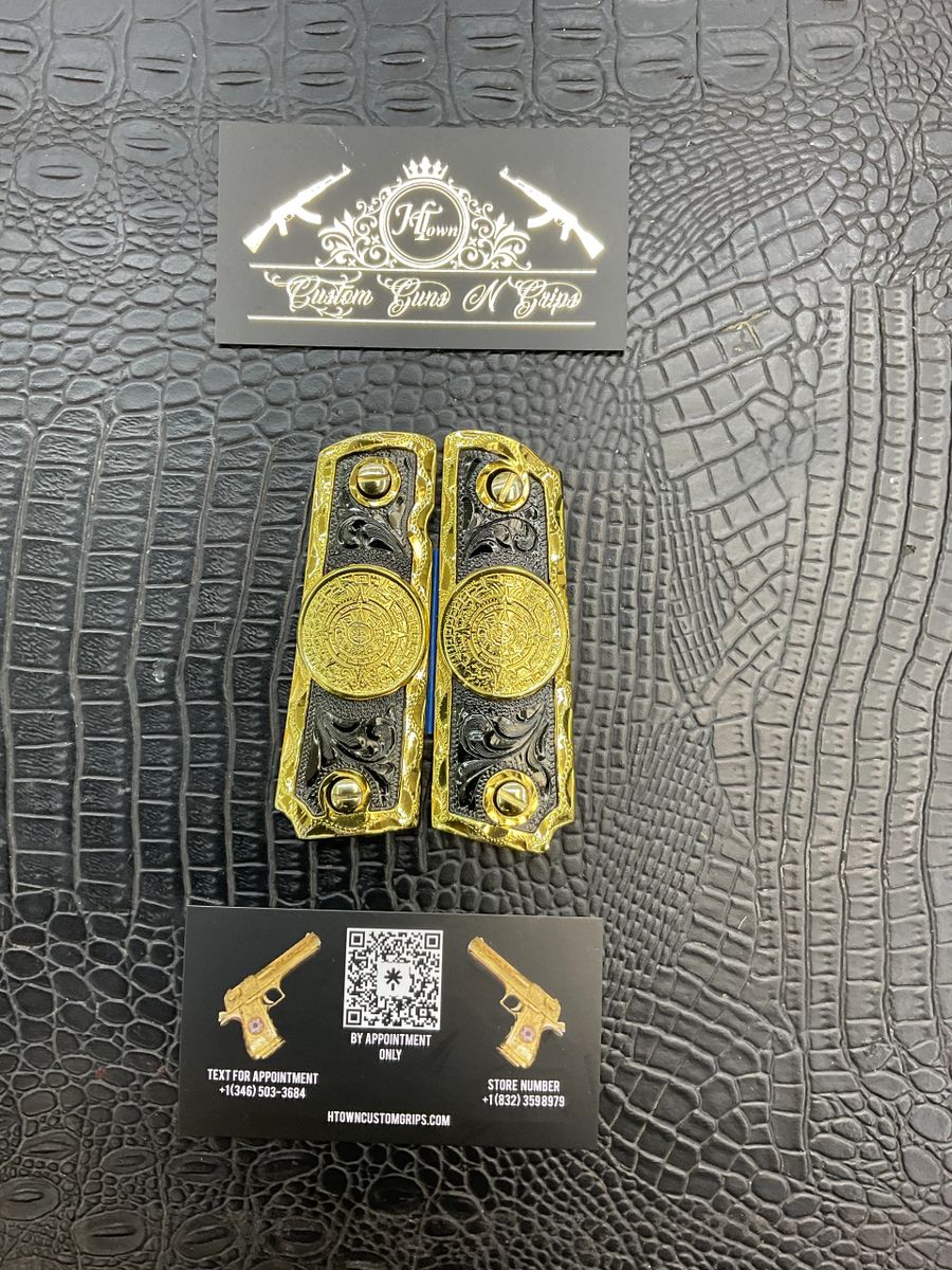 Browning 1911 380 Hand made Grips gold plated black calendario Azteca