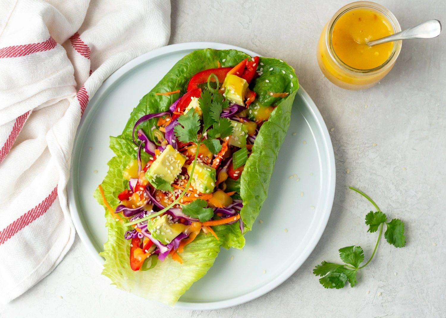 Rainbow Lettuce Wraps with Spicy Mango Dressing