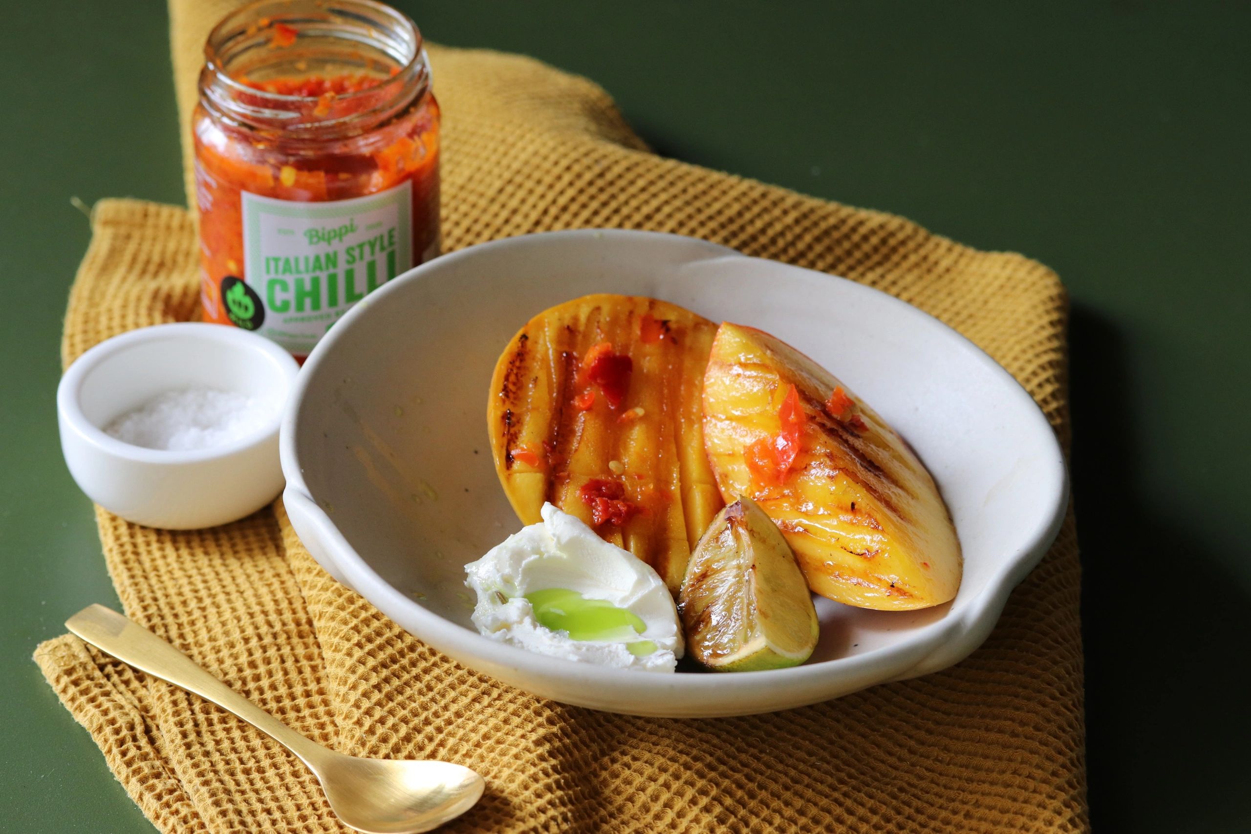Grilled mango with chilli oil and labna