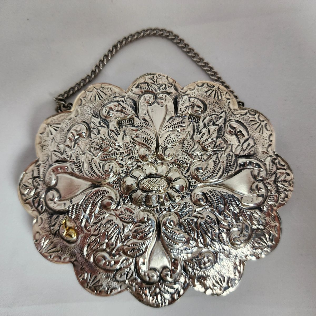 Vintage Turkish Repousse Silver Wedding Mirror with Chain
