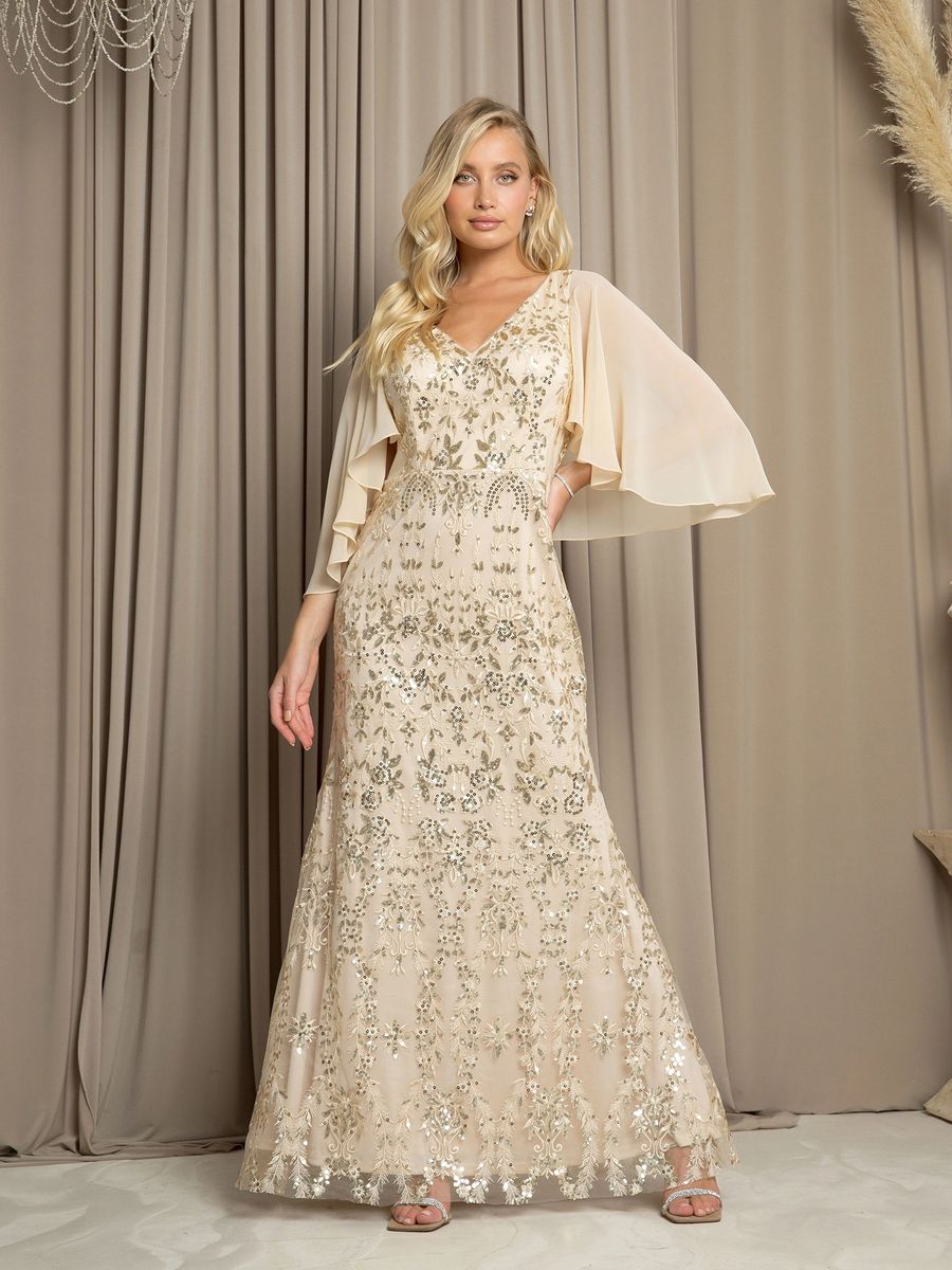 Long Embellished Gown With Cape