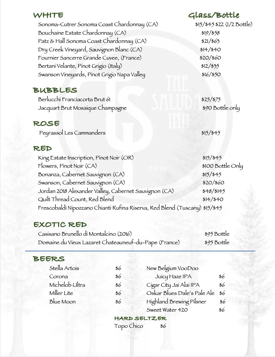 The Saluda Inn Wine, Beer, & Cocktail Menu