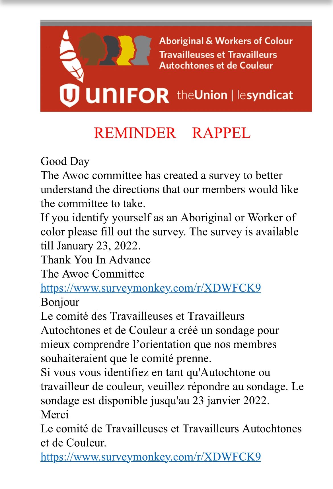 Message from Unifor AWOC