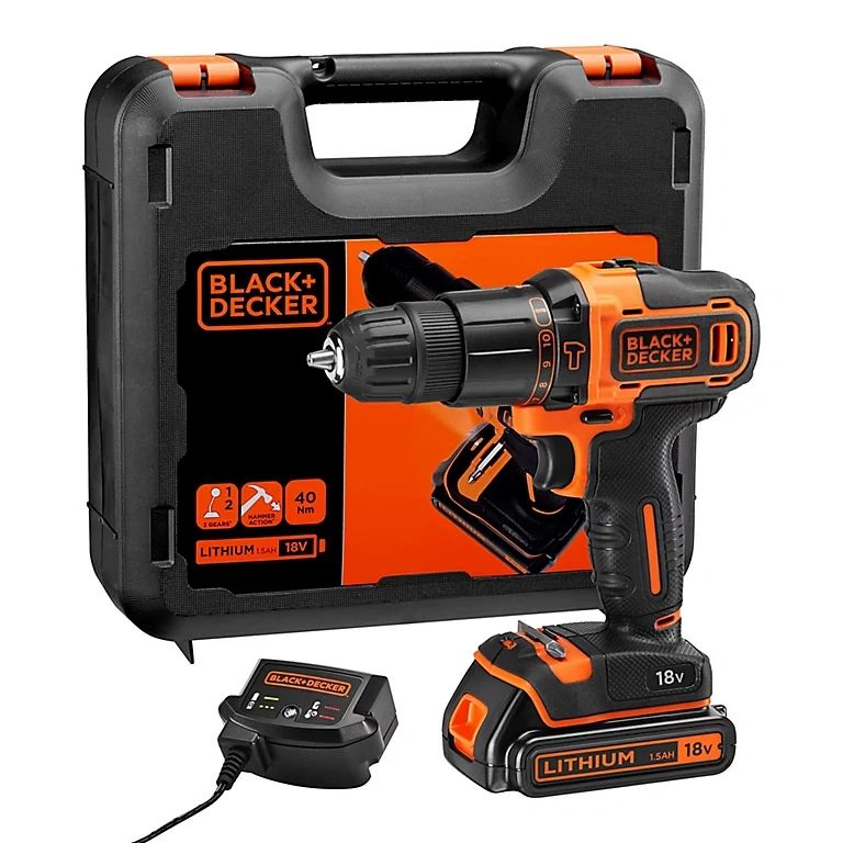 BLACK & DECKER Cordless Hammer Drill & Hard Case 18V
