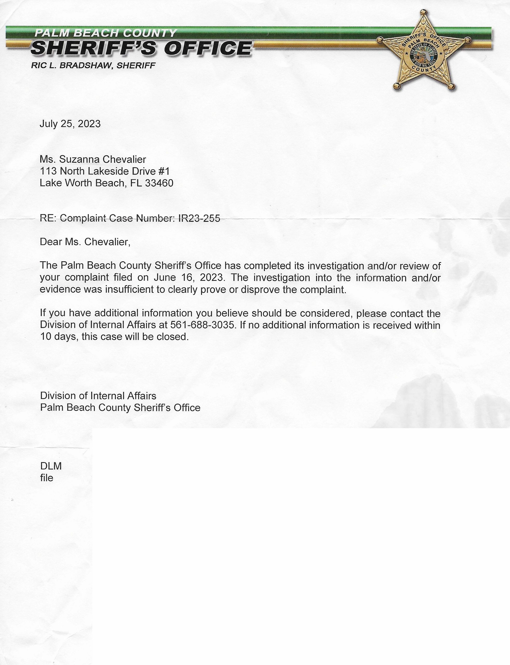 Reply Letter to Sheriff's Office Investigation