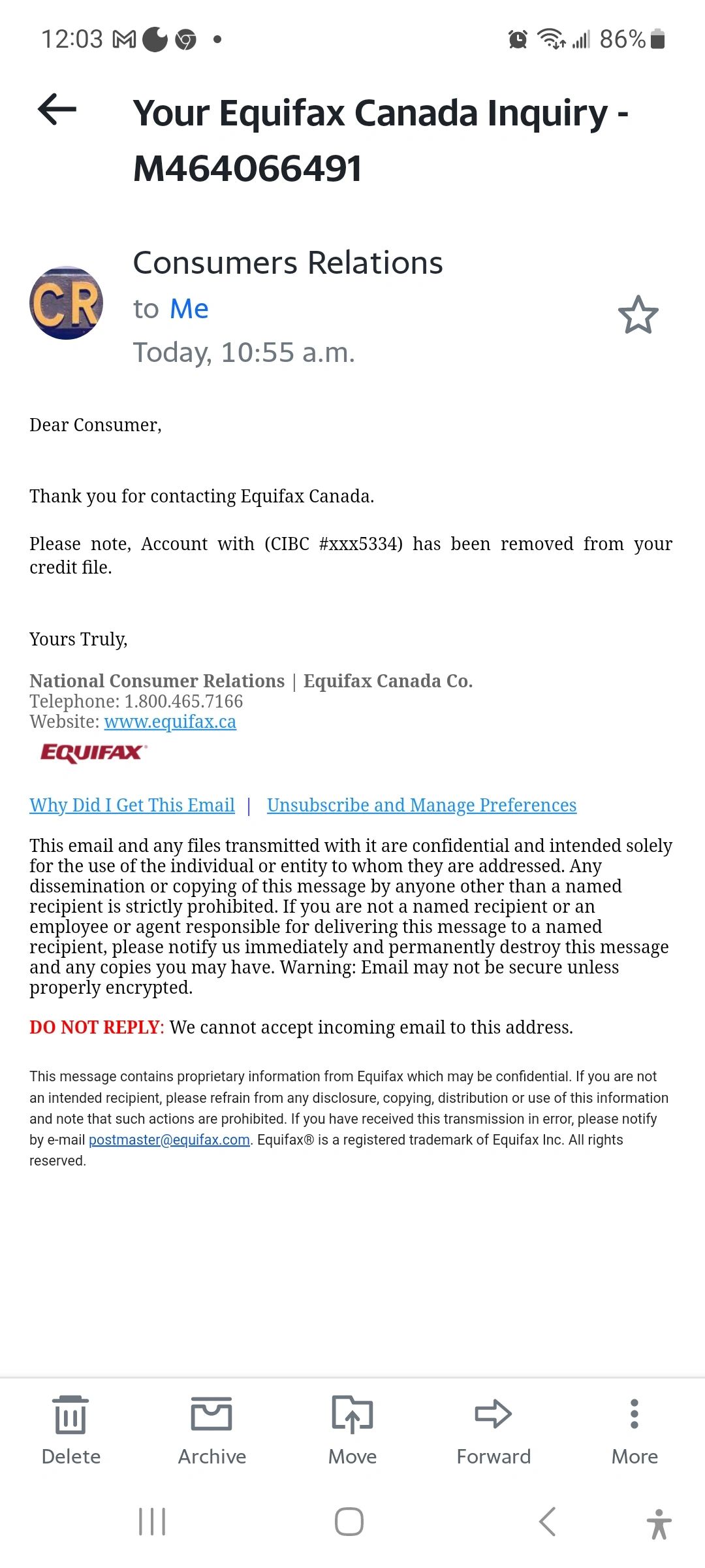 Equifax Finally Removed a CIBC Scam from my file