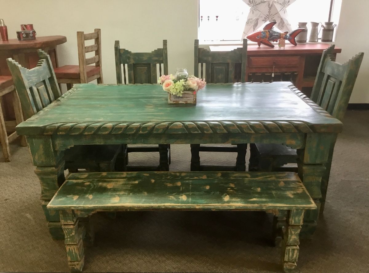 Turquoise Santa Fe style dining room set with bench