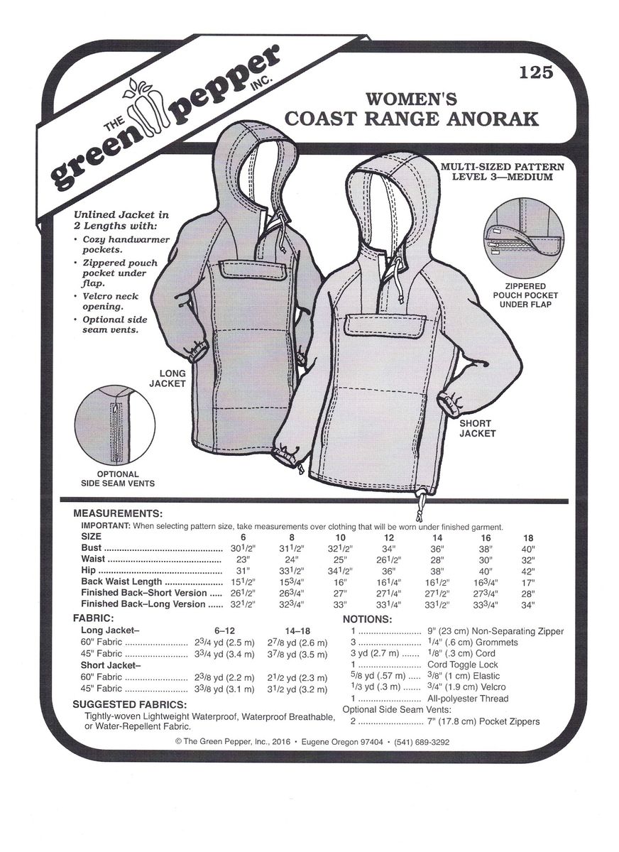 Coast Range Anorak Adult's Sewing Pattern