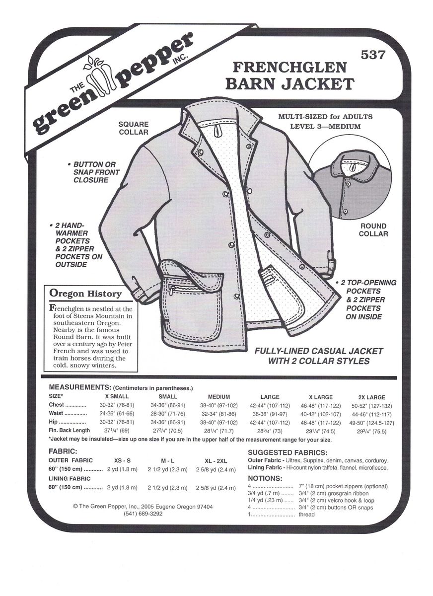 537 Frenchglen Barn Jacket Sewing Pattern