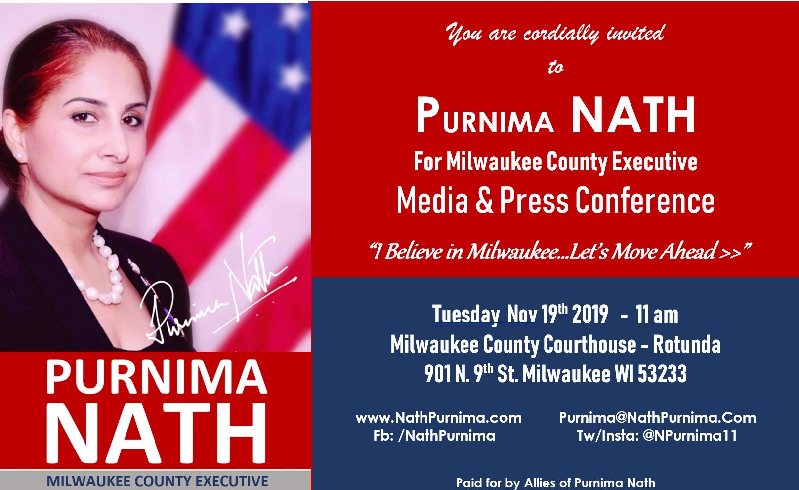 PURNIMA NATH ANNOUCES RUN FOR MILWAUKEE COUNTY EXECUTIVE