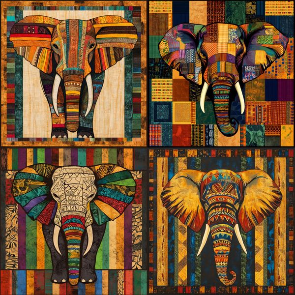 African Patchwork Elephant Fabric Panel – 100% Cotton (45" x 45")