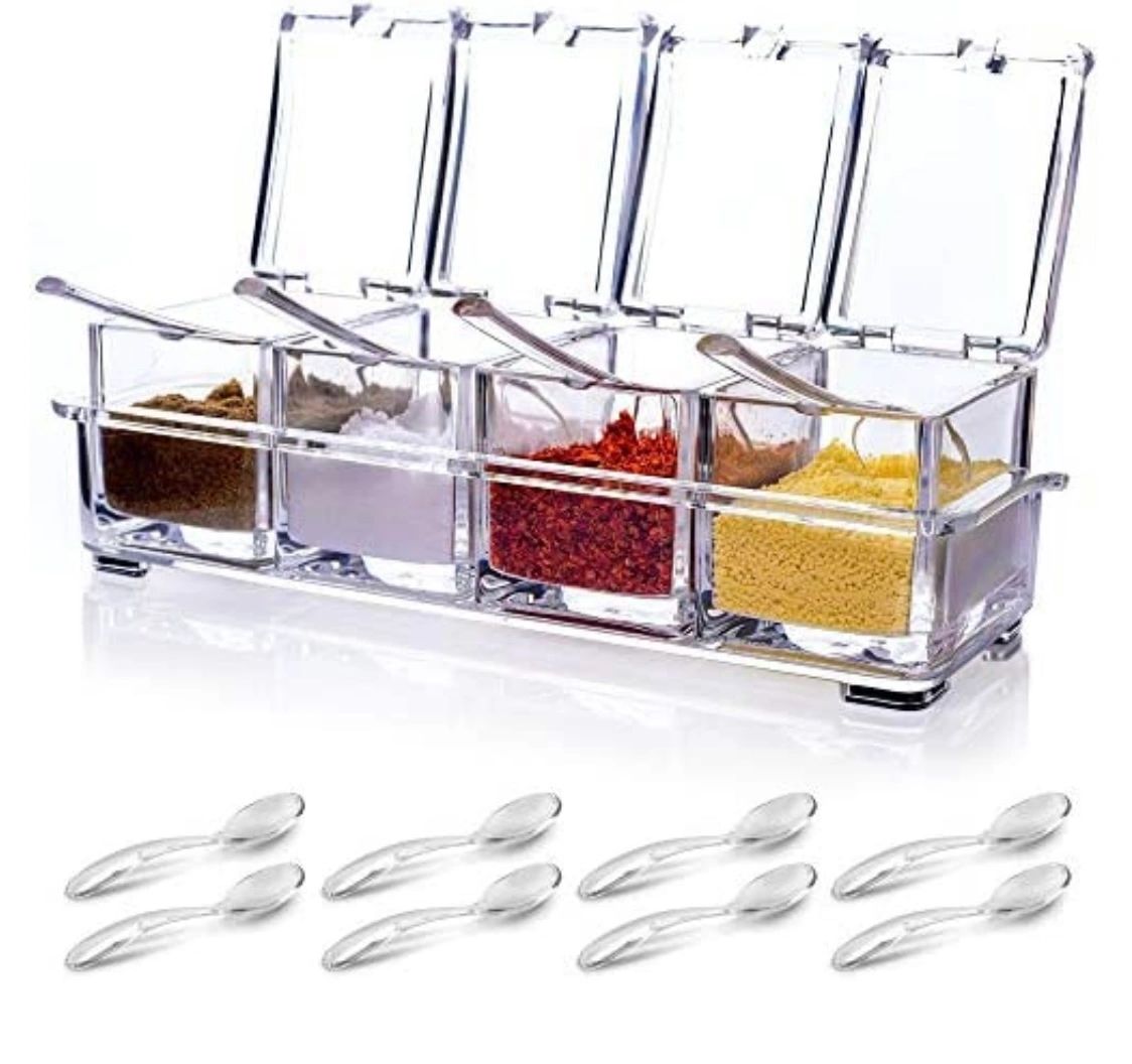 Acrylic transparent spice box, set of 4 pots and tray