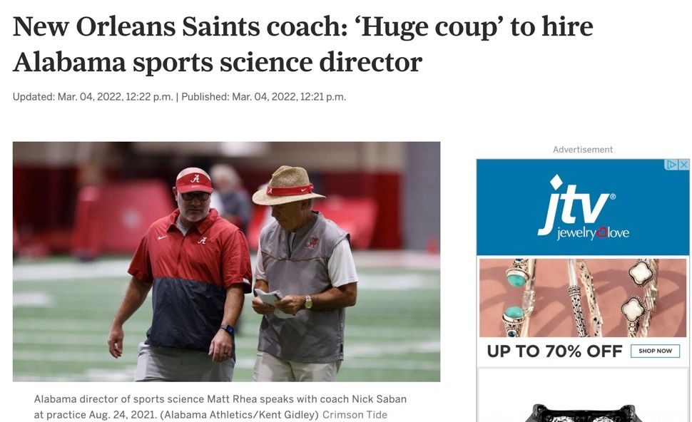 Saints coach: ‘Huge coup’ to hire Tide's Matt Rhea