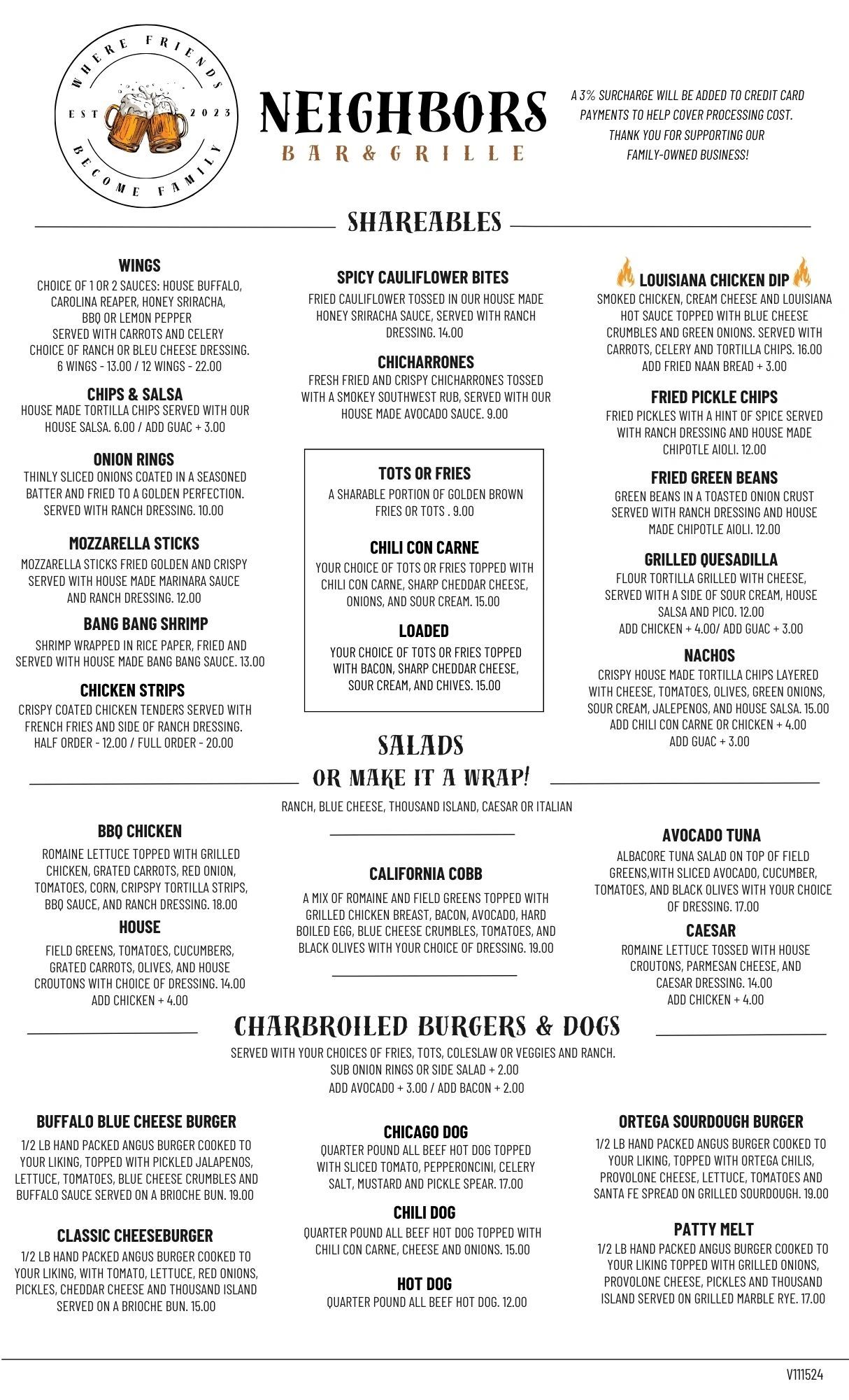 Menu | Neighbors Bar & Grille