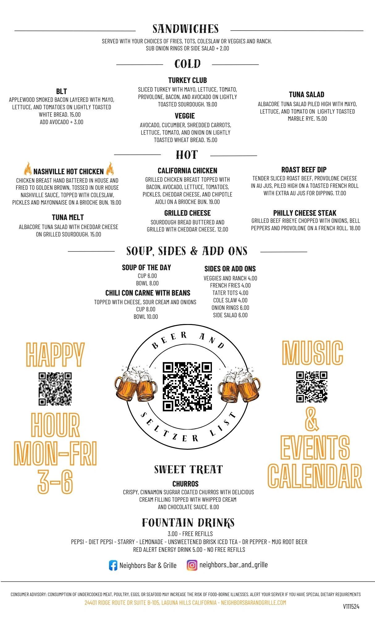 Menu | Neighbors Bar & Grille