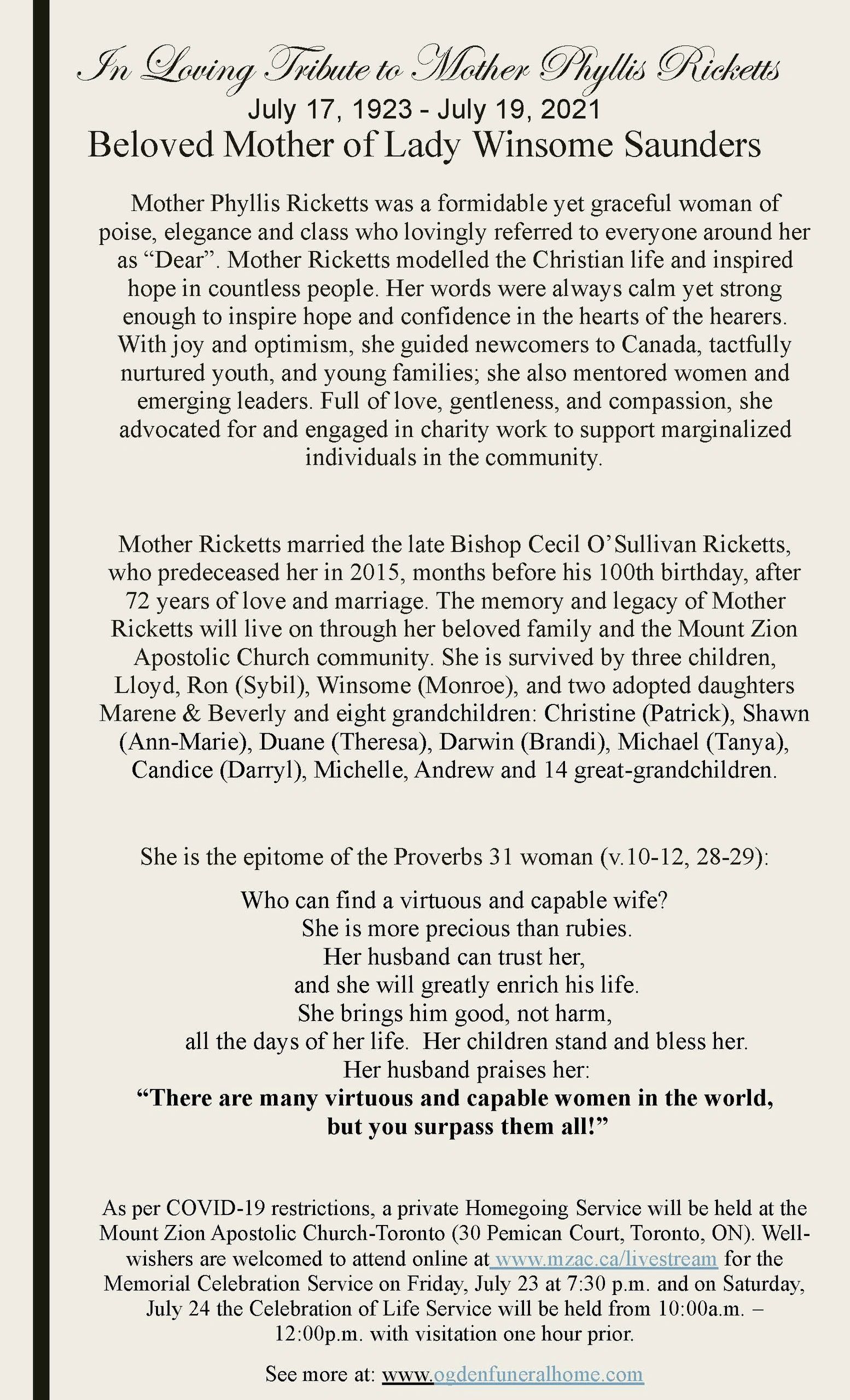 In Loving Tribute to Mother Phyllis Ricketts