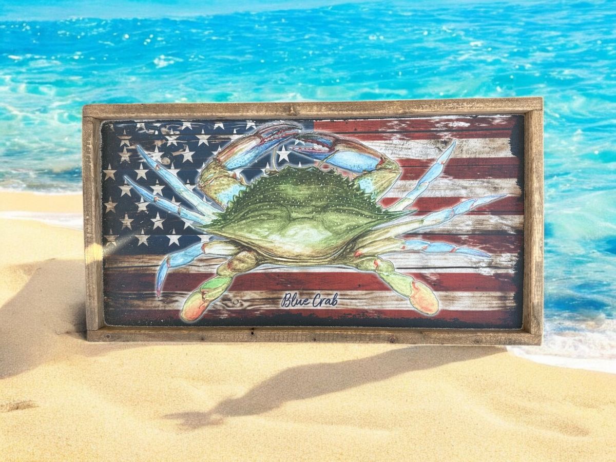 18x36 Blue Crab Rustic Flag- Choose Frame Color