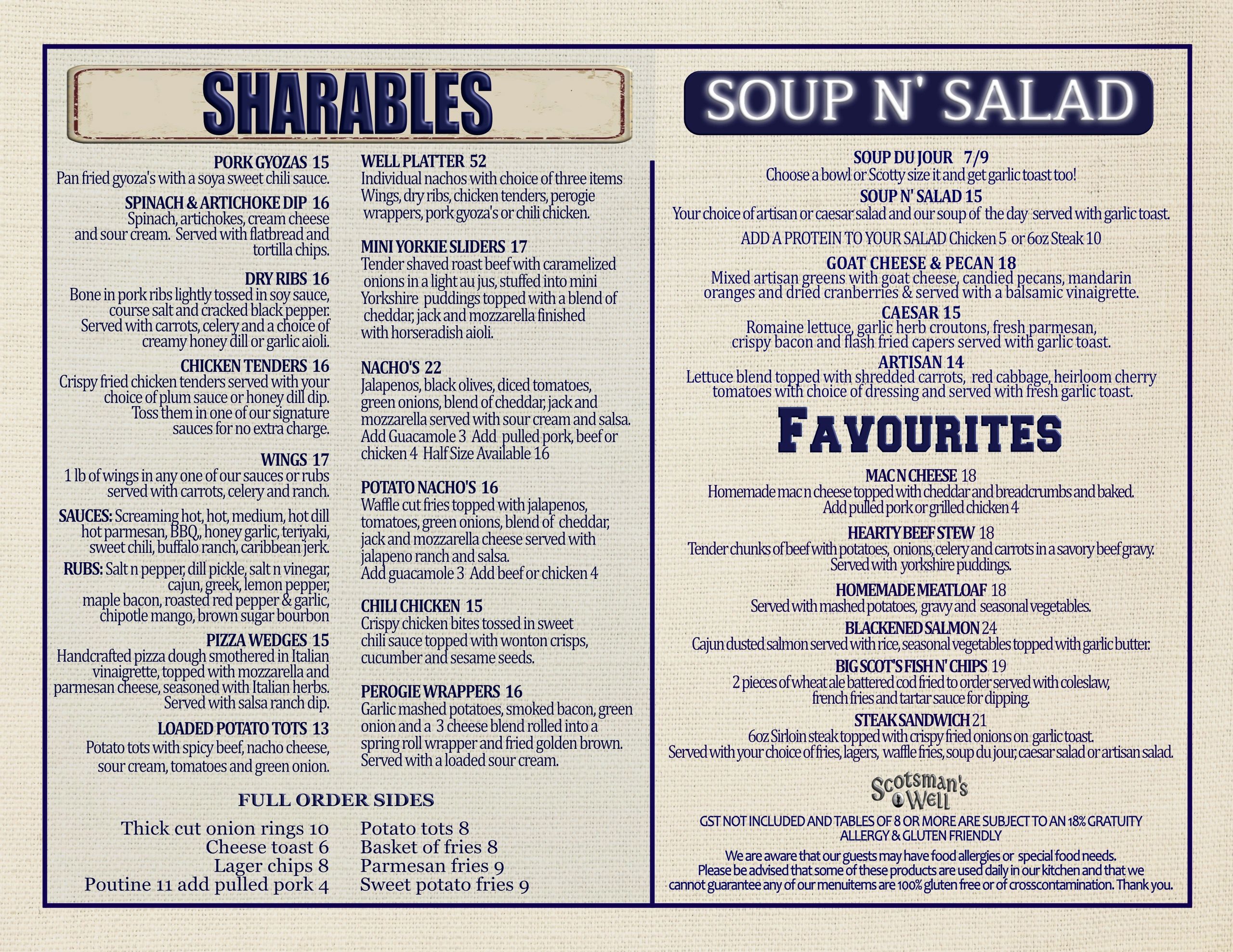 Menus | Scotsman's Well Pub