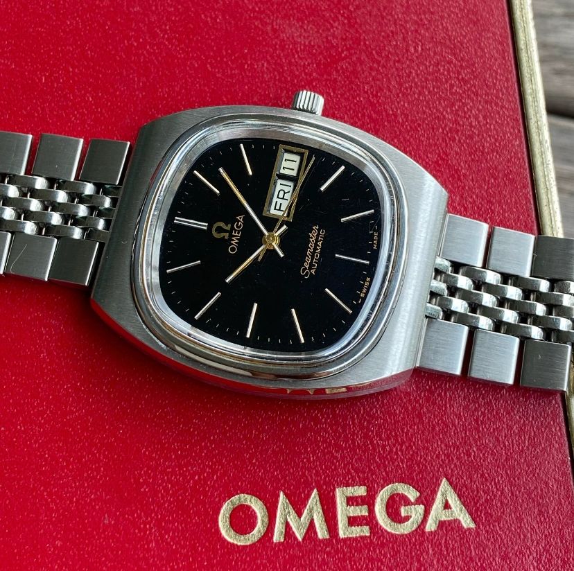 (Black Gilt Dial/Rare Bracelet) Omega Seamaster "Tonneau" Vintage DAY-DATE